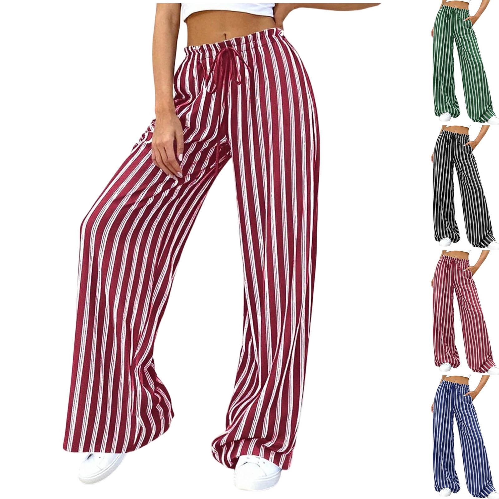 Ailaofu Women's Summer Striped Wide Leg Pants Drawstring Elastic Waist ...