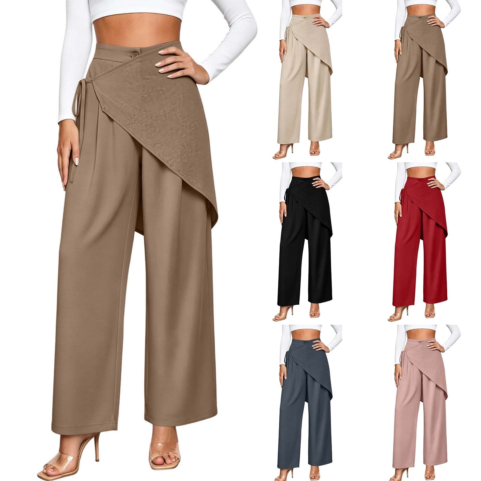 Ailaofu Women's Summer Wrap Front Wide Leg Pants High Waist Tie Side ...