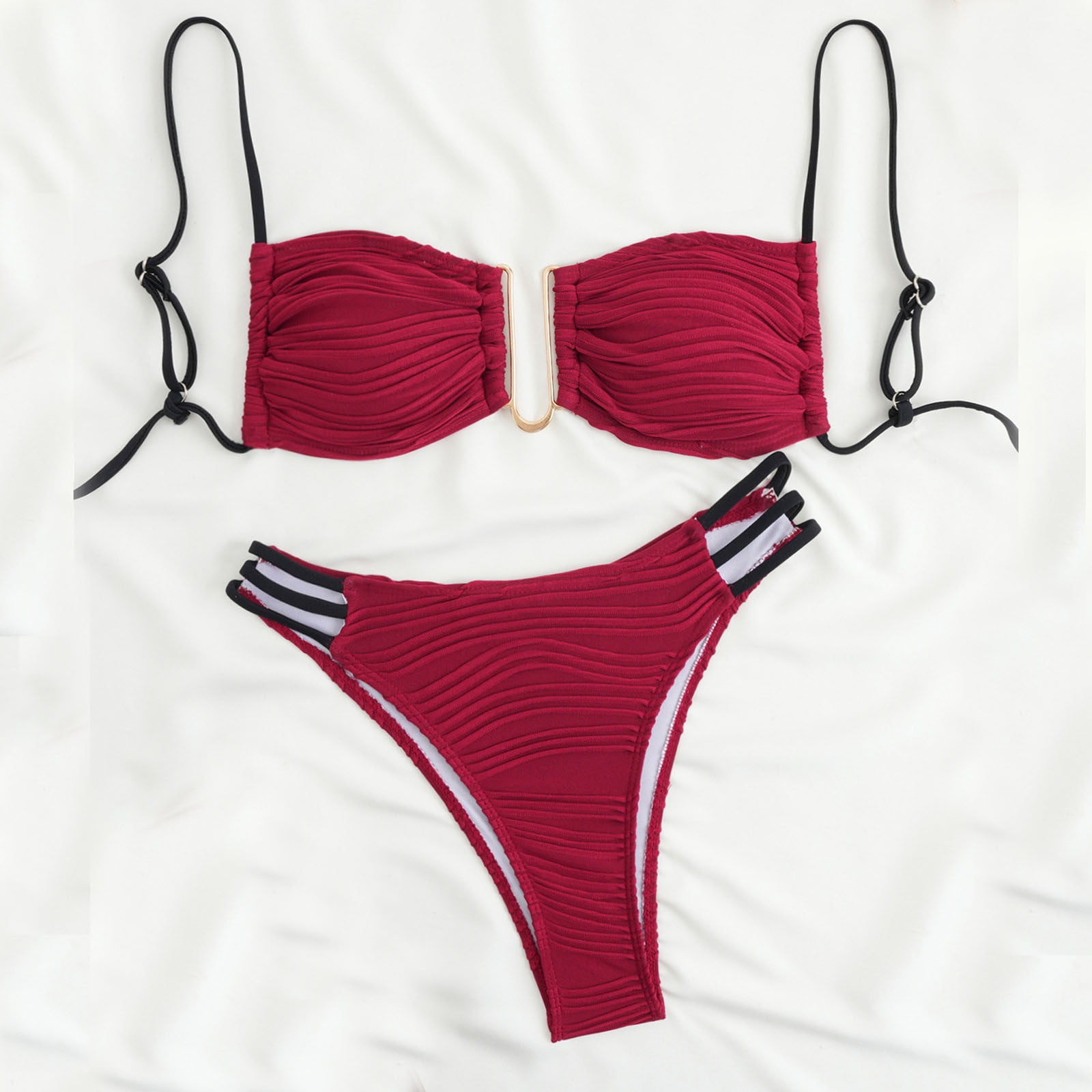 Ailaofu Women's Textured Underwire Bikini Set V Notch High Cut Swimwear ...