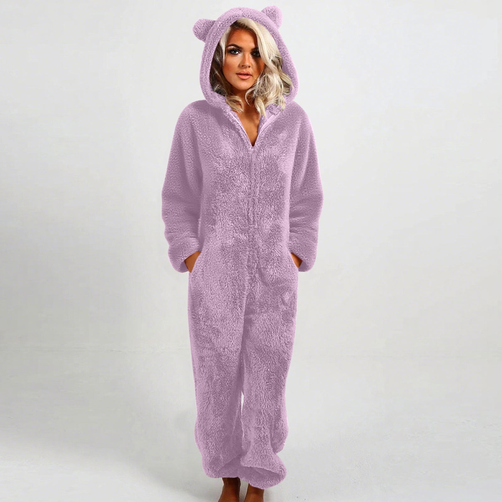 Ailaofu Women's Ultra Comfy Lounge Furry Sherpa Romper Onesie Pajamas ...