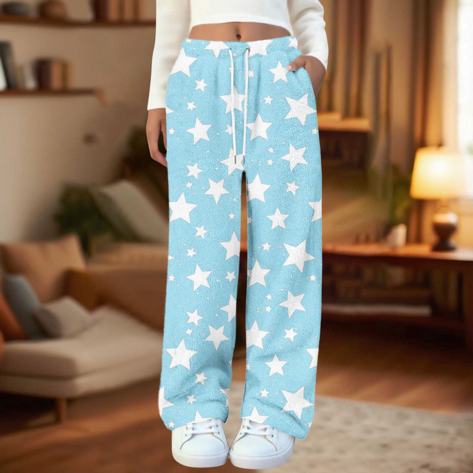 Ailaofu Women's Wide Leg Printed Sleep Pants - Baggy Drawstring Elastic ...