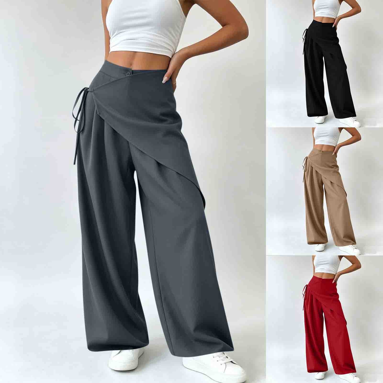 Ailaofu Women's Wrap Tie Side Irregular Overlay Wide Leg Trousers Solid ...