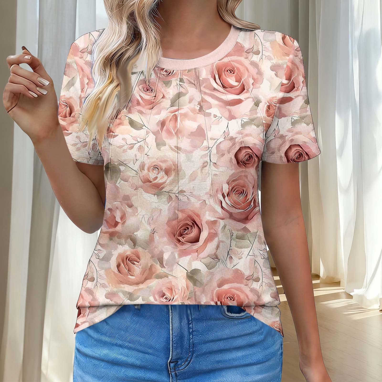 Ailaofu Womens Casual Crew Neck Short Sleeve Pleated Tops Blouses ...