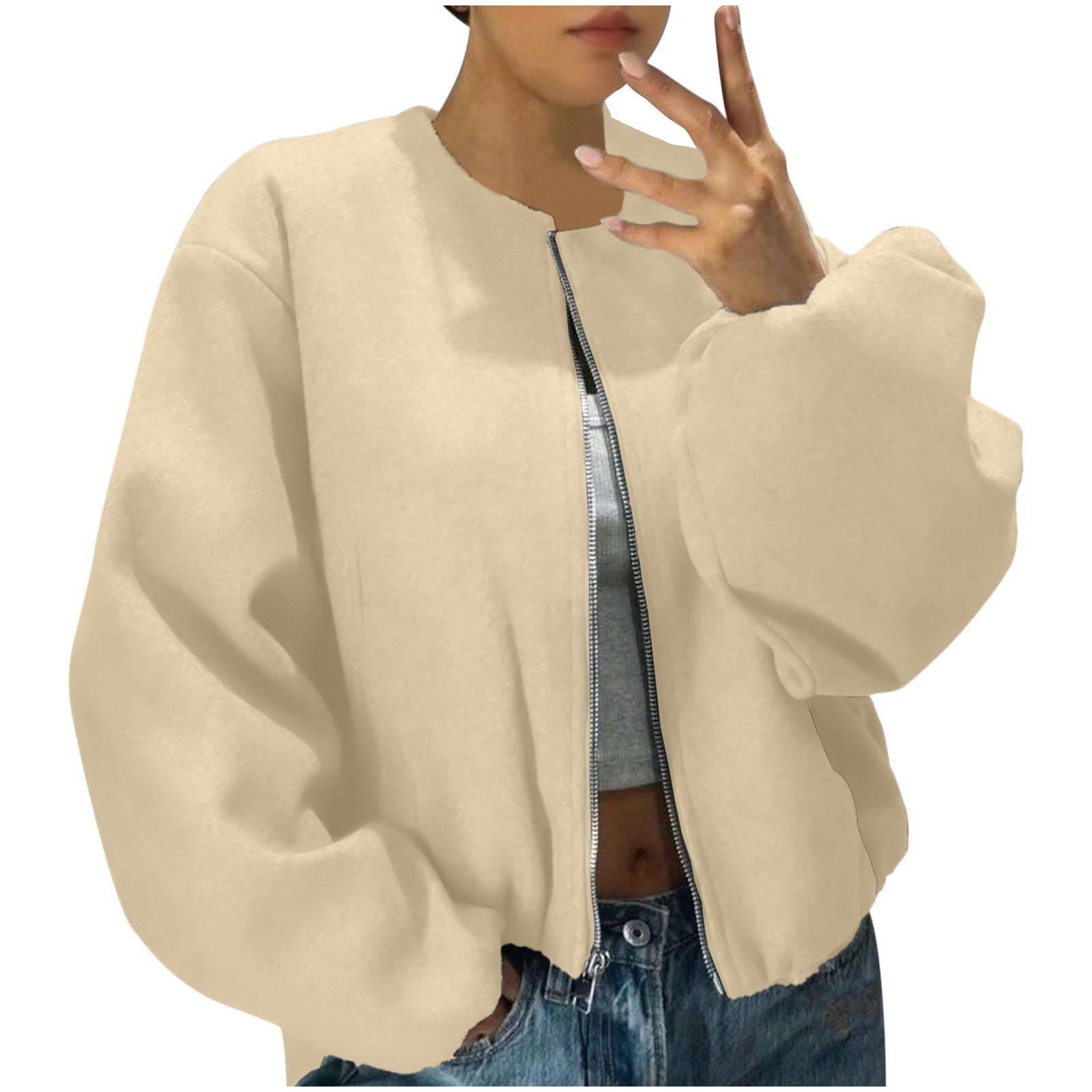 Ailaofu Womens Cropped Bomber Jackets Trendy Casual Collarless Peacoat ...