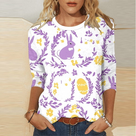 Ailaofu Womens Easter 3/4 Sleeve Crew Neck T-Shirts Cute Bunny Graphic ...