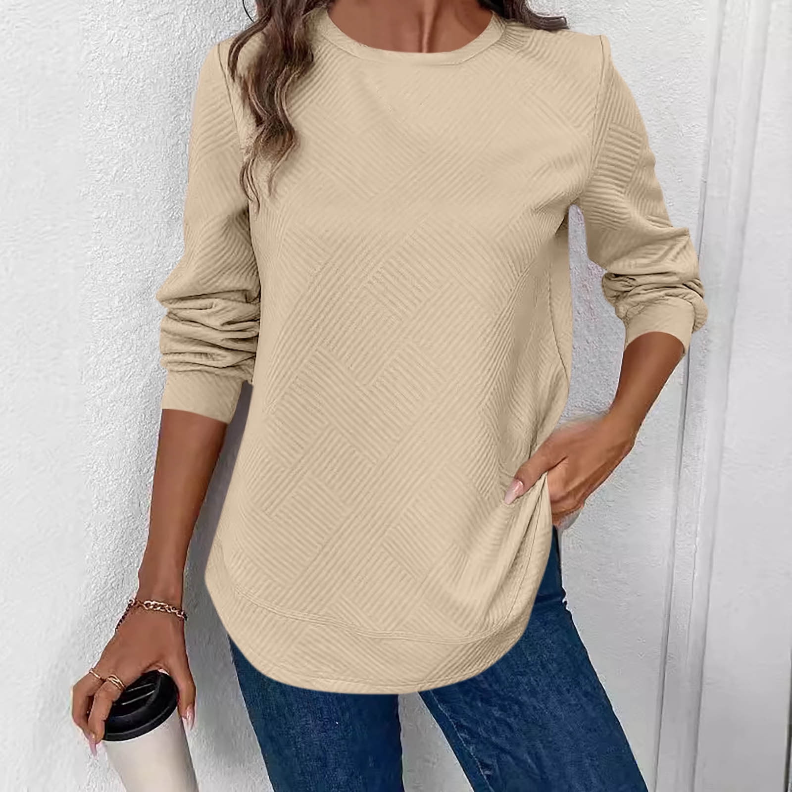 Ailaofu Womens Fall Fashion 2025 Long Sleeve Shirts Crewneck Loose Textured Tunic Tops Solid ...