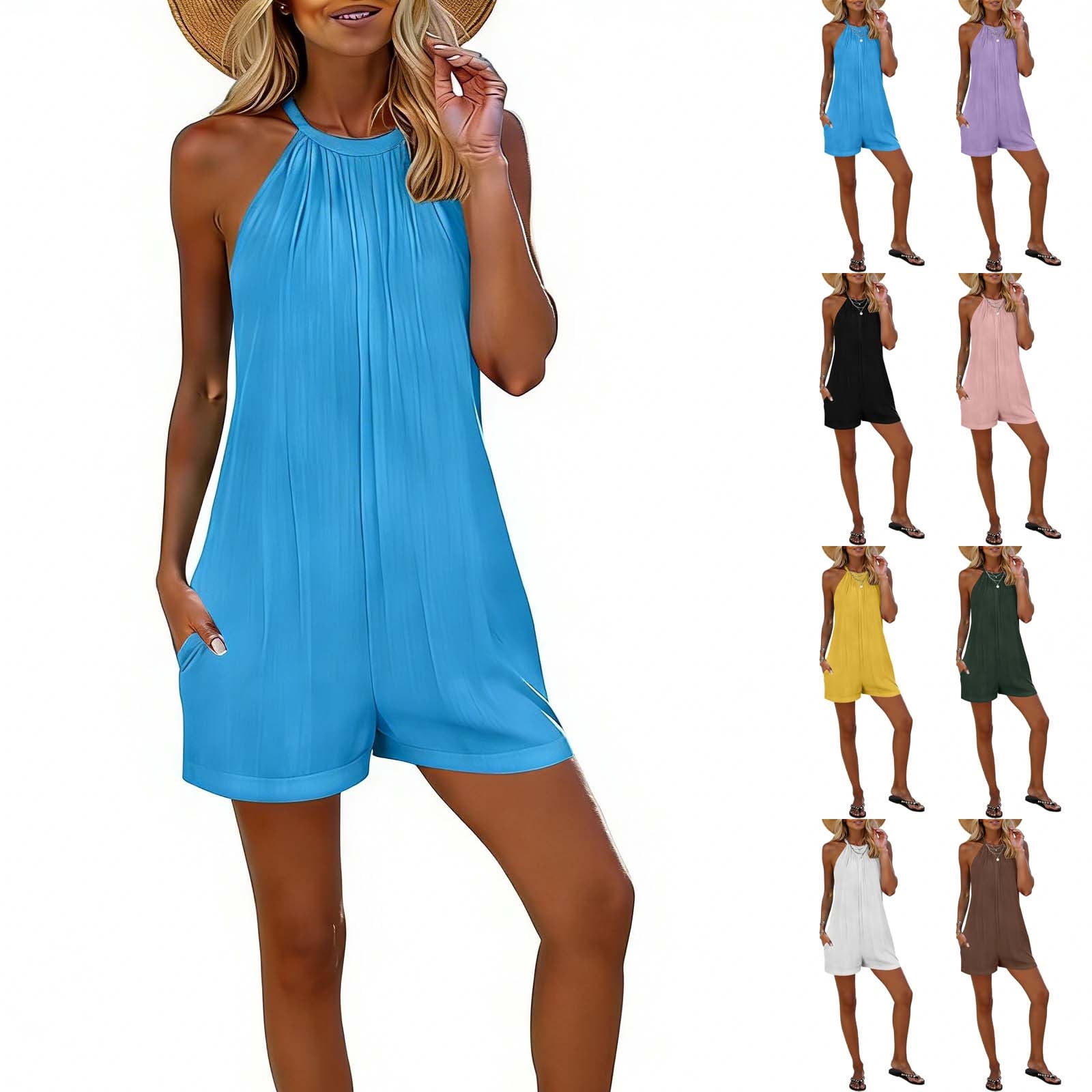 Ailaofu Womens Halter Neck Romper Shorts Sleeveless Pleated Short ...