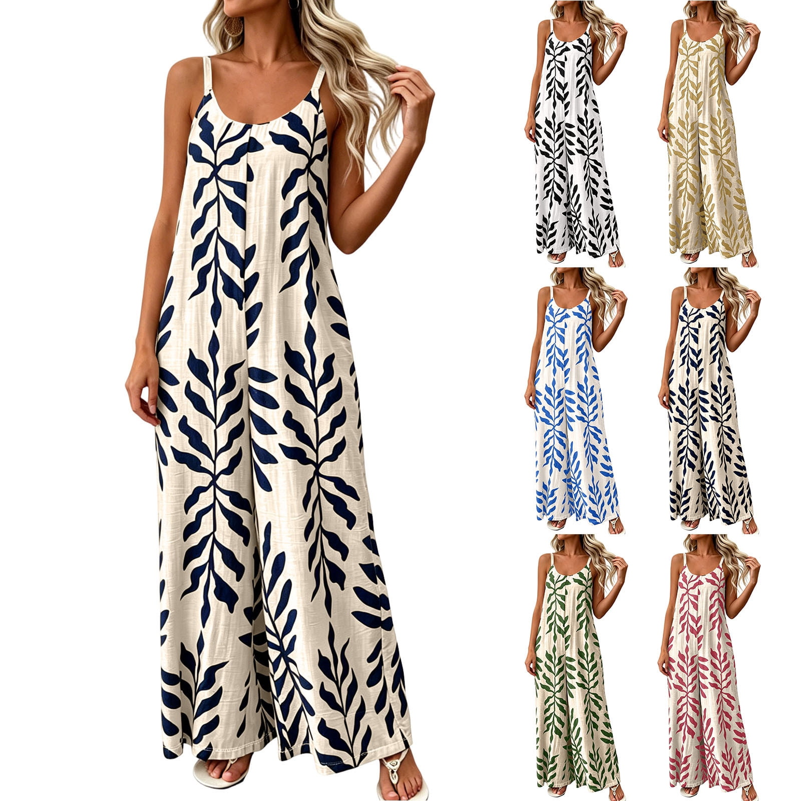 Ailaofu Womens Leaf Print Halter Backless Wide Leg Jumpsuit Fashion ...