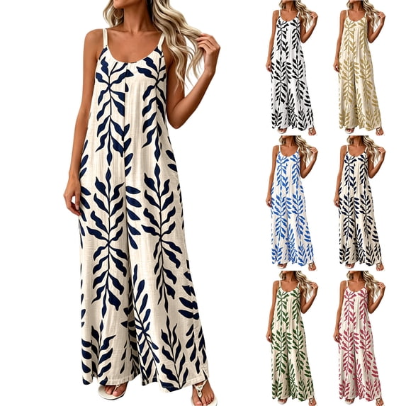 Ailaofu Womens Leaf Print Halter Backless Wide Leg Jumpsuit Fashion ...
