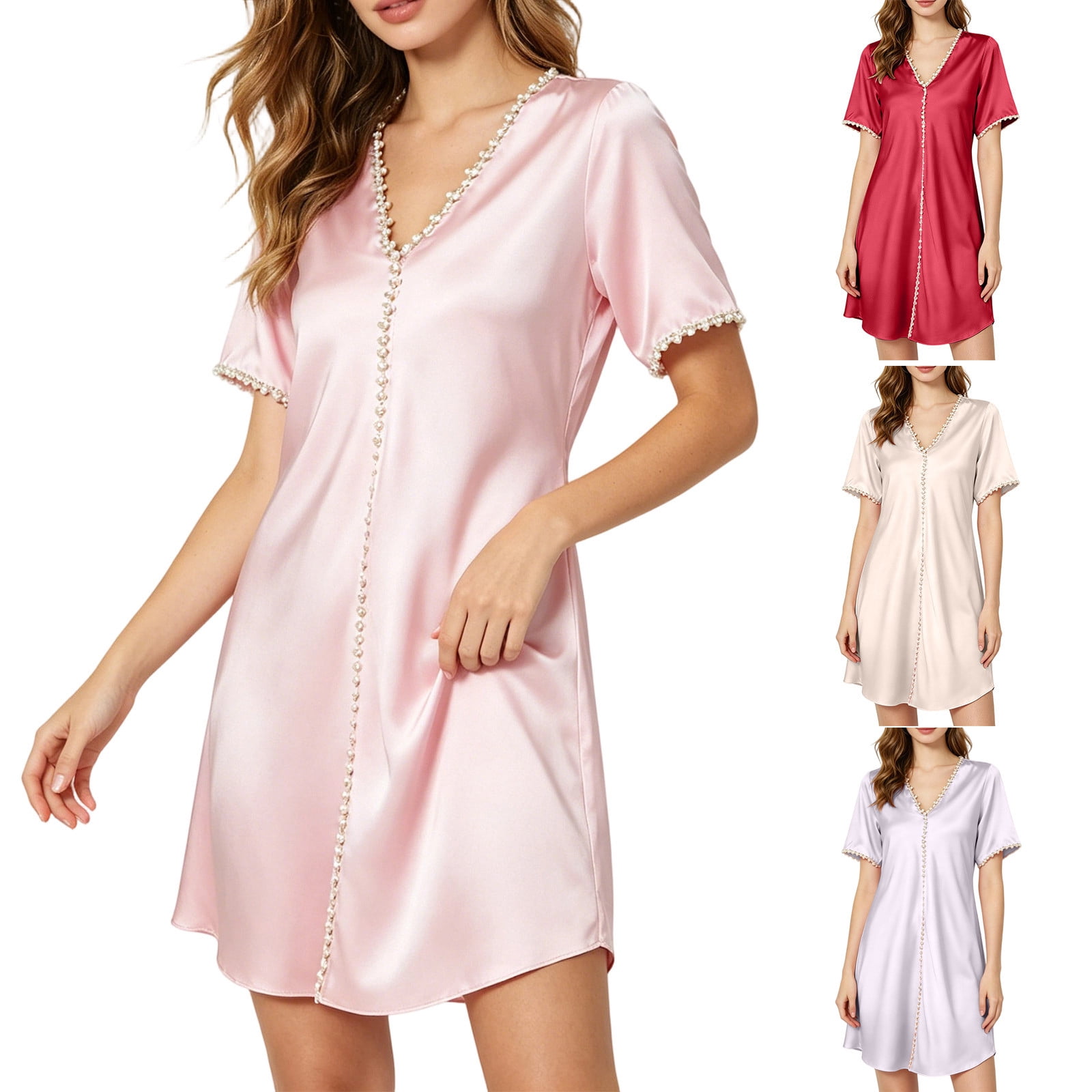 Ailaofu Womens Summer Fashion Pearl Trim Nightgown Short Sleeve V Neck ...