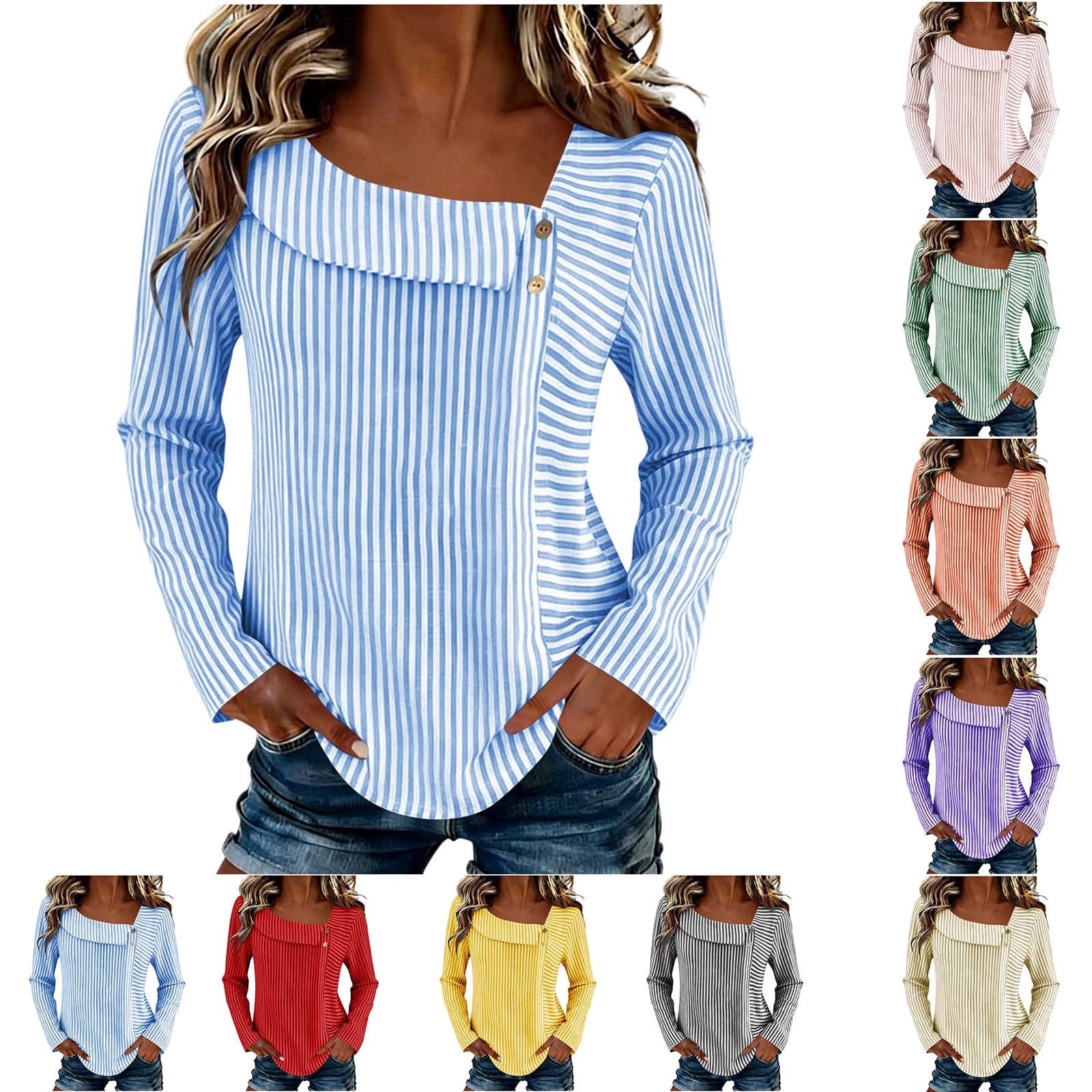 Ailaofu Womens Summer Tops Long Sleeve Shirts Square Neck Striped ...