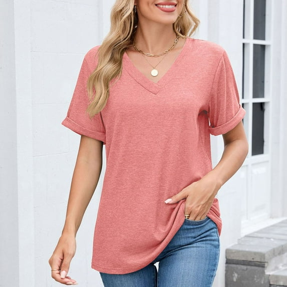 Ailaofu Womens Summer Tops Short Sleeve Basic Casual V Neck T Shirts ...