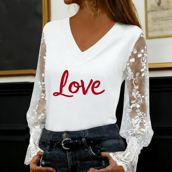 Ailaofu Womens Tops V Neck Tops Heart Print Mesh Long Sleeve T Shirt ...