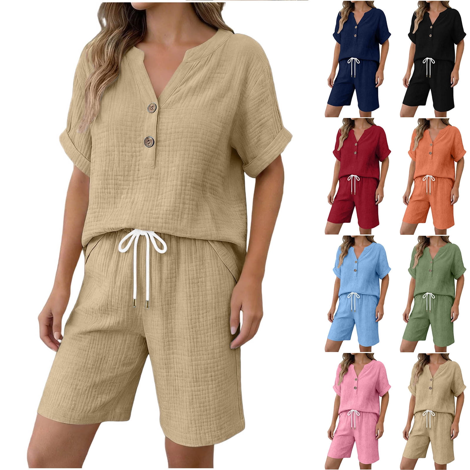 Ailaofu Womens Two Piece Outfit Short Sleeve V Neck Button Top and ...