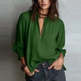 Ailaofu Womens V-Neck Lantern Sleeve Blouse Zipper Design Loose Casual ...