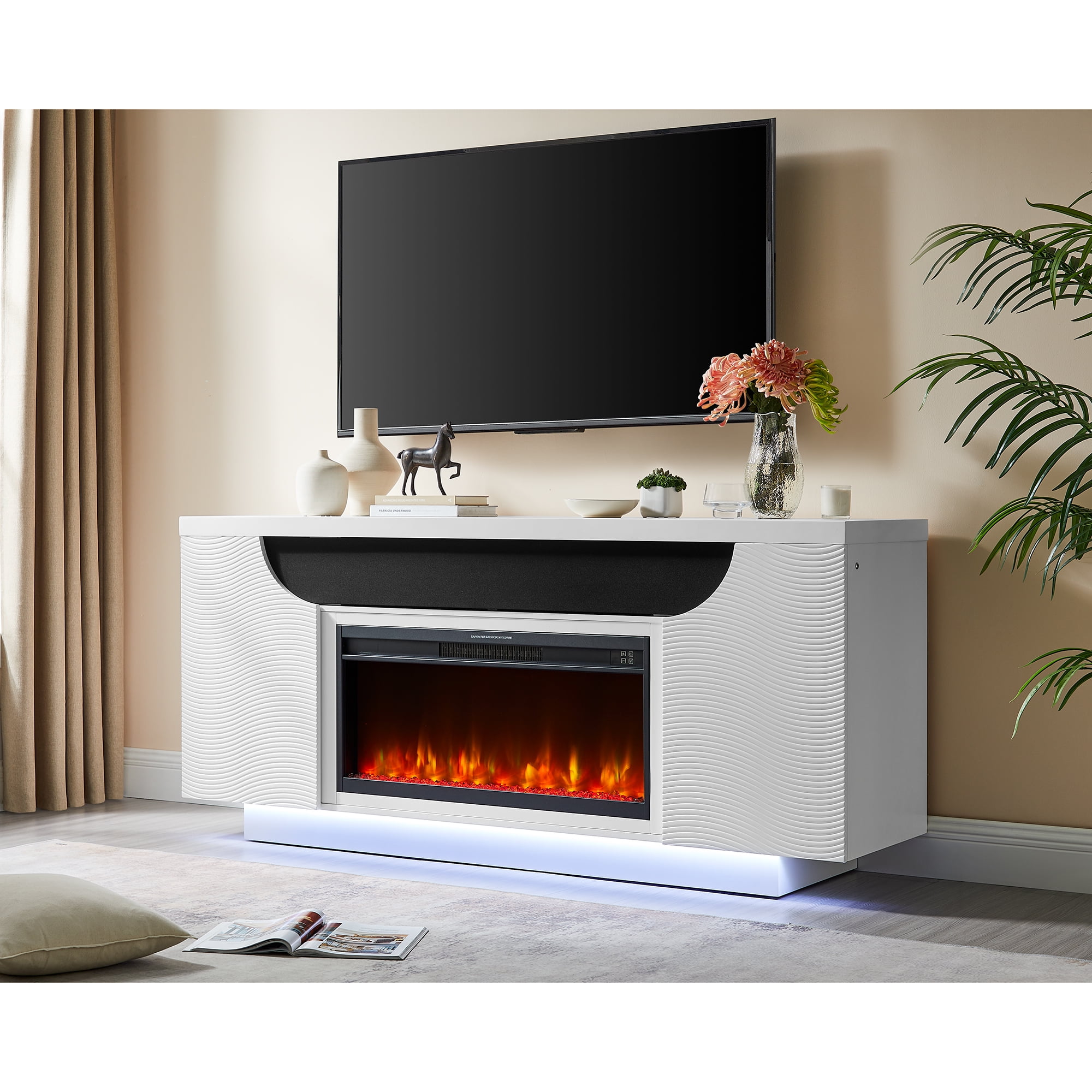 Aileen 76" White Led Lit Wood Indoor Fireplace - Walmart.com