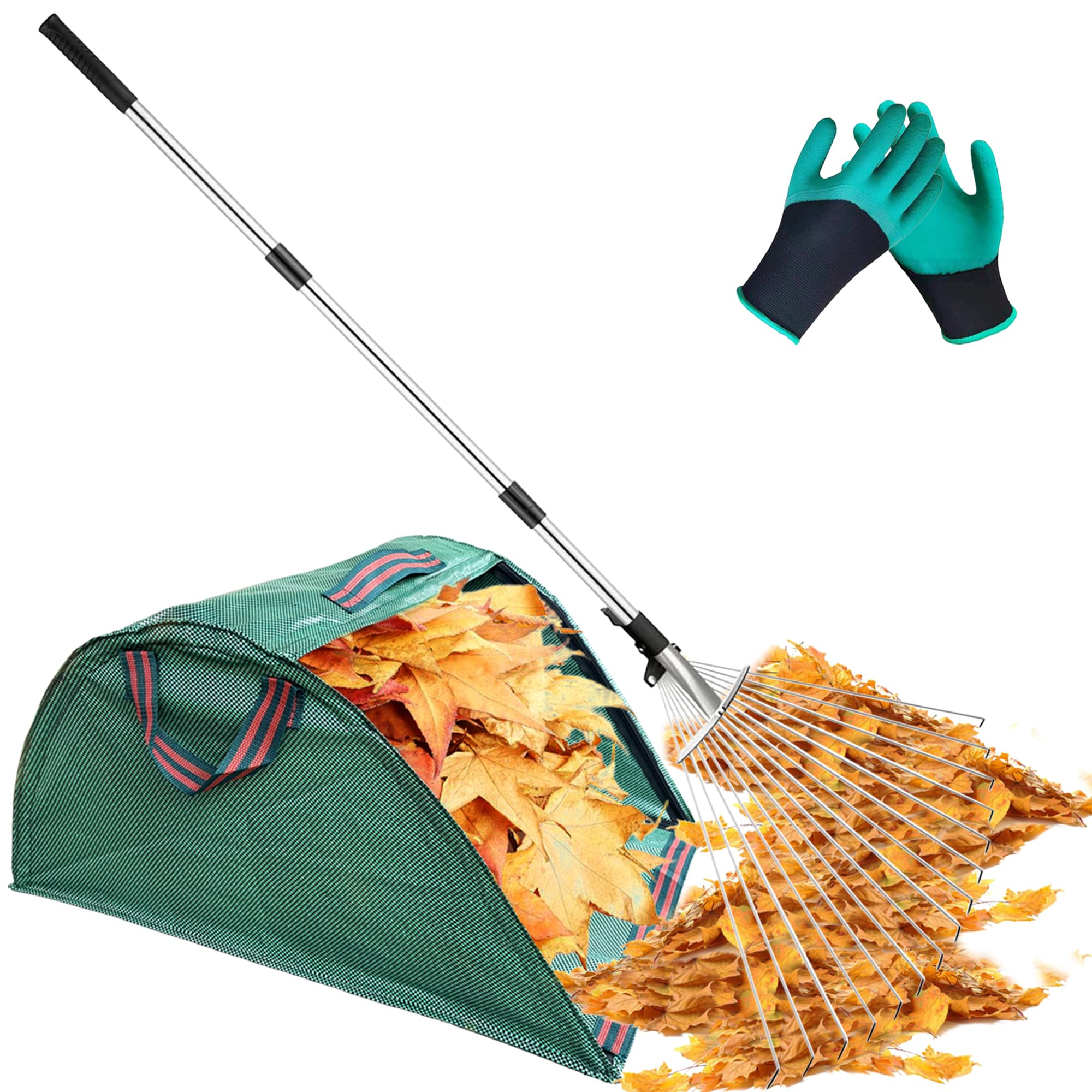 AimGrowth Adjustable Garden Leaf Rake with Leaf Collector, Collapsible ...