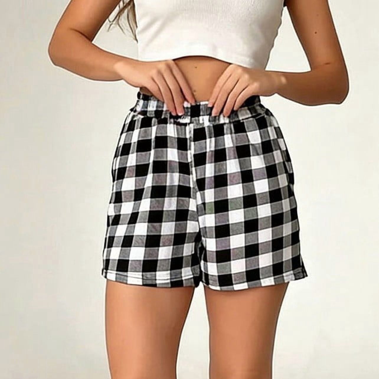 Aimik Casual Shorts for Women Fashion Plaid Print Straight Leg Wide Leg ...