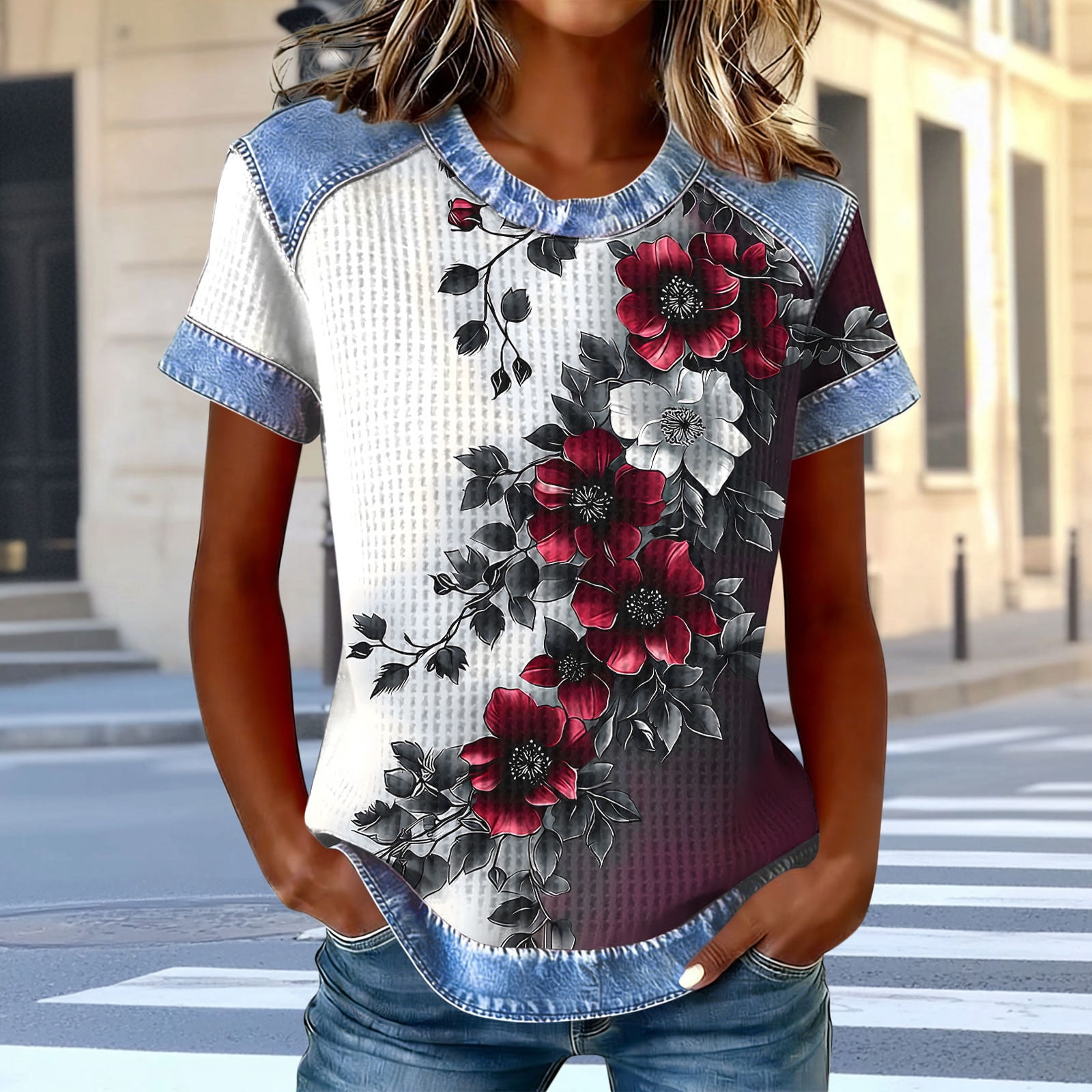 Aimik Casual Tops for Women Crew Neck Short Sleeve Loose Blouse Stylish ...