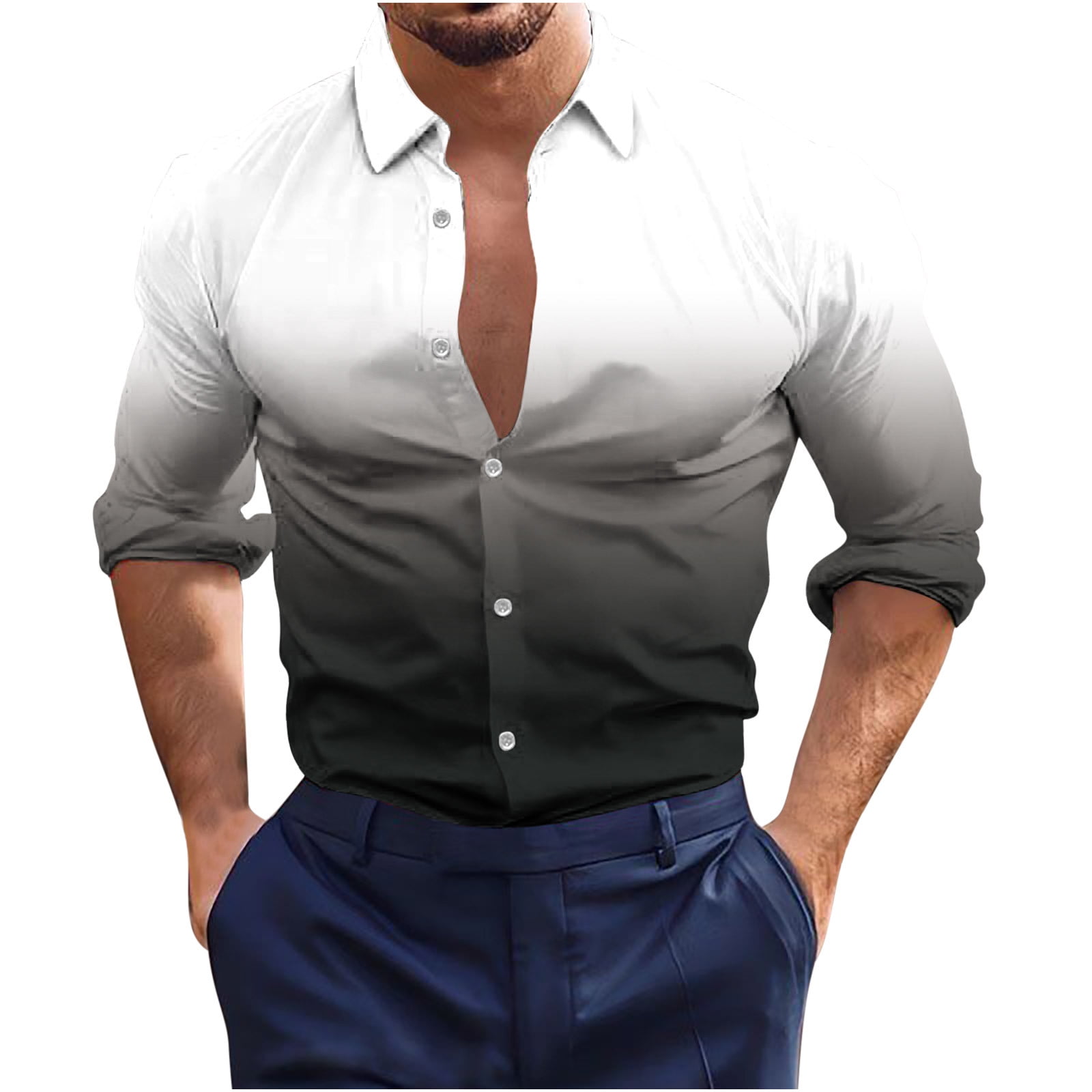 Aimik Hanes Men's Cotton Linen Button-Down Gradients Shirts Casual Long ...