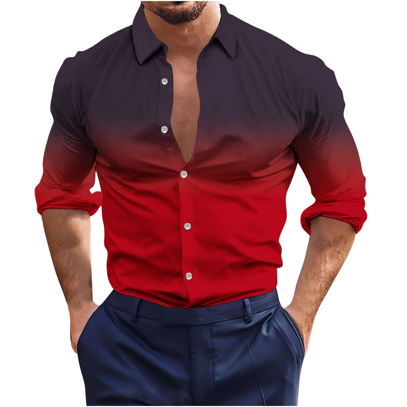 Aimik Hanes Men's Cotton Linen Button-Down Gradients Shirts Casual Long ...