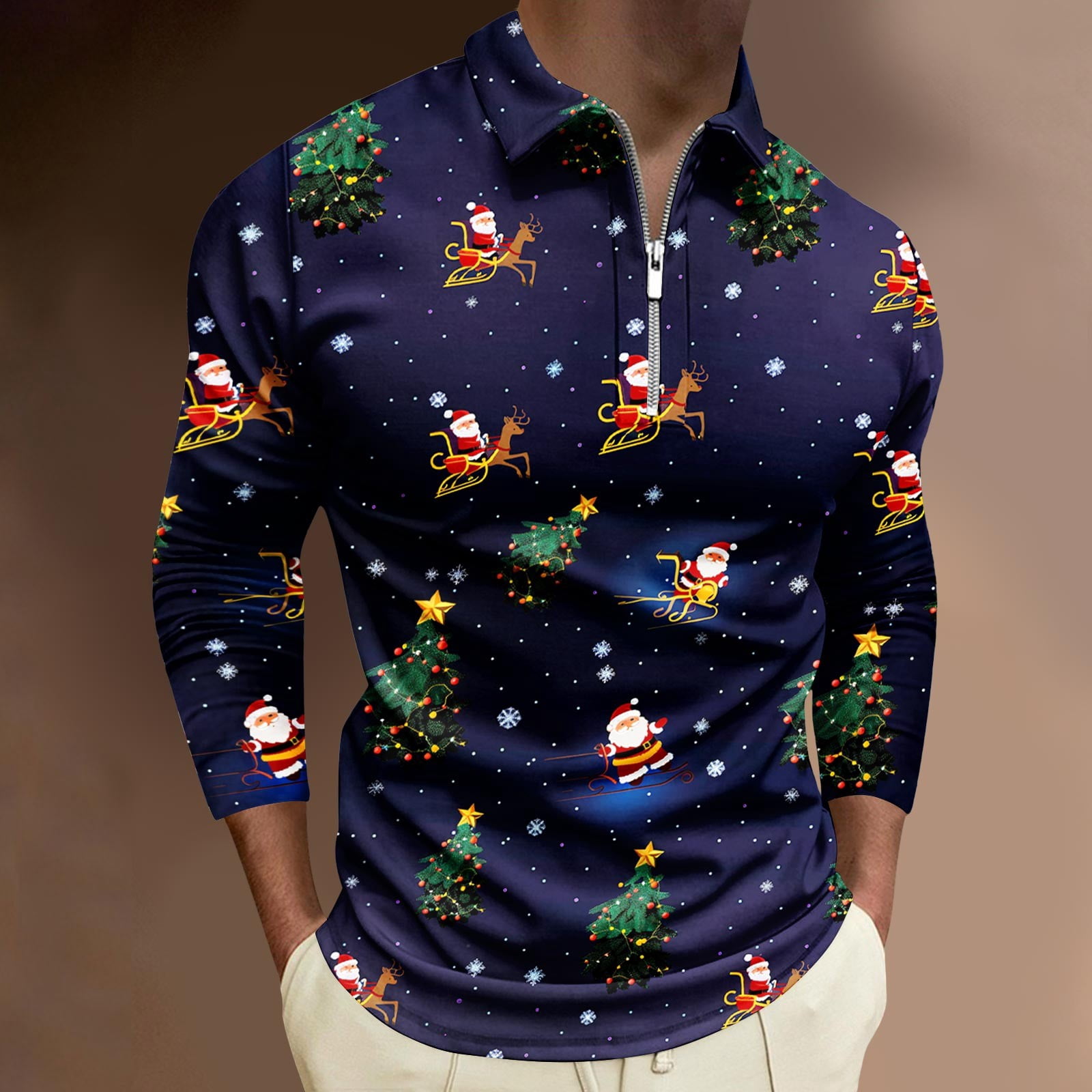 Aimik Hanes Ugly Chirstmas Mens Quarter Zip Up Polo Shirts Lapel Slim ...
