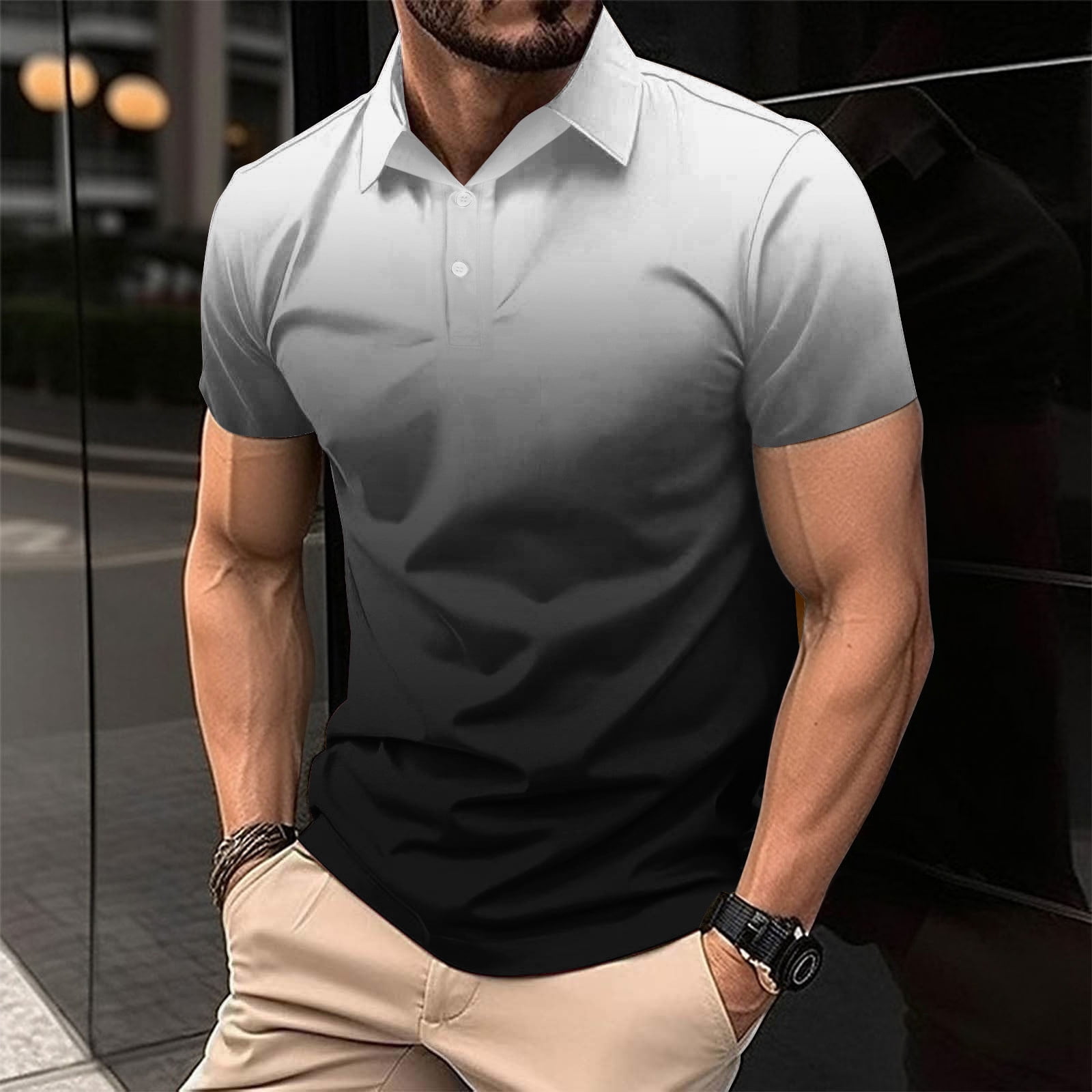 Aimik Men Buttons T-Shirt Casual Gradient Printed Short Sleeve Turn ...