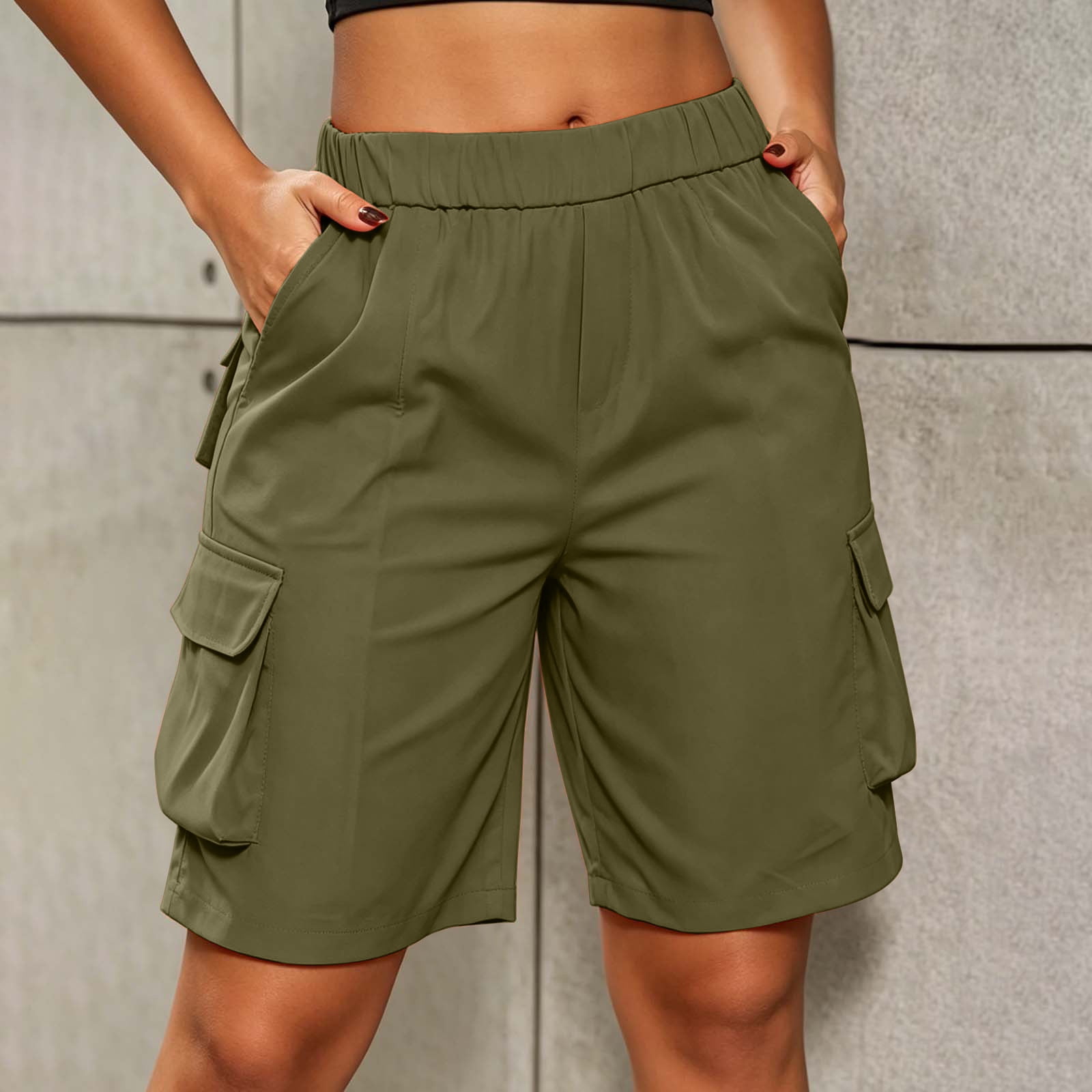 Aimik Quick Dry Women Cargo Shorts Elastic High Waist Multi Pocket Knee ...