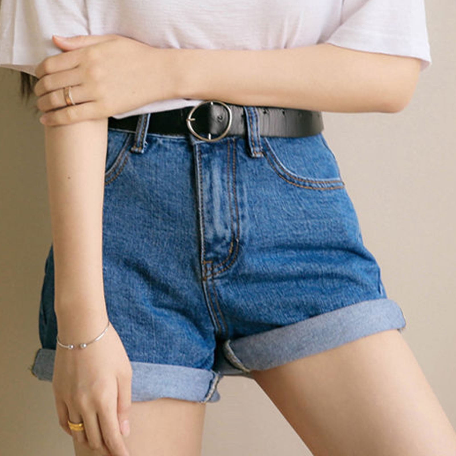 Aimik Solid Denim Shorts for Women Fashion Rolled Hem Denim Short Pants ...