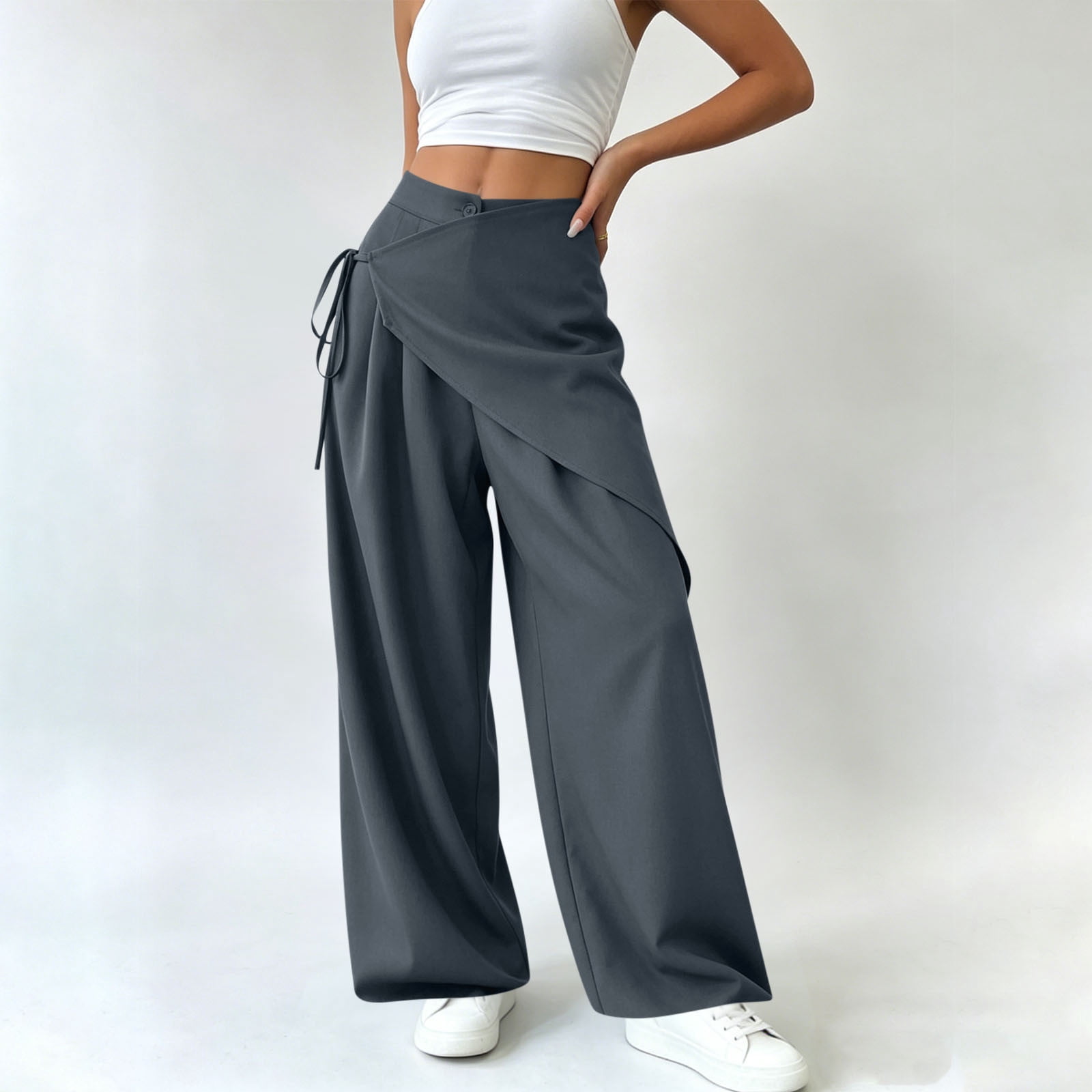 Aimik Women's Asymmetrical Wrap Wide Leg Pants High Waist Tie Side ...