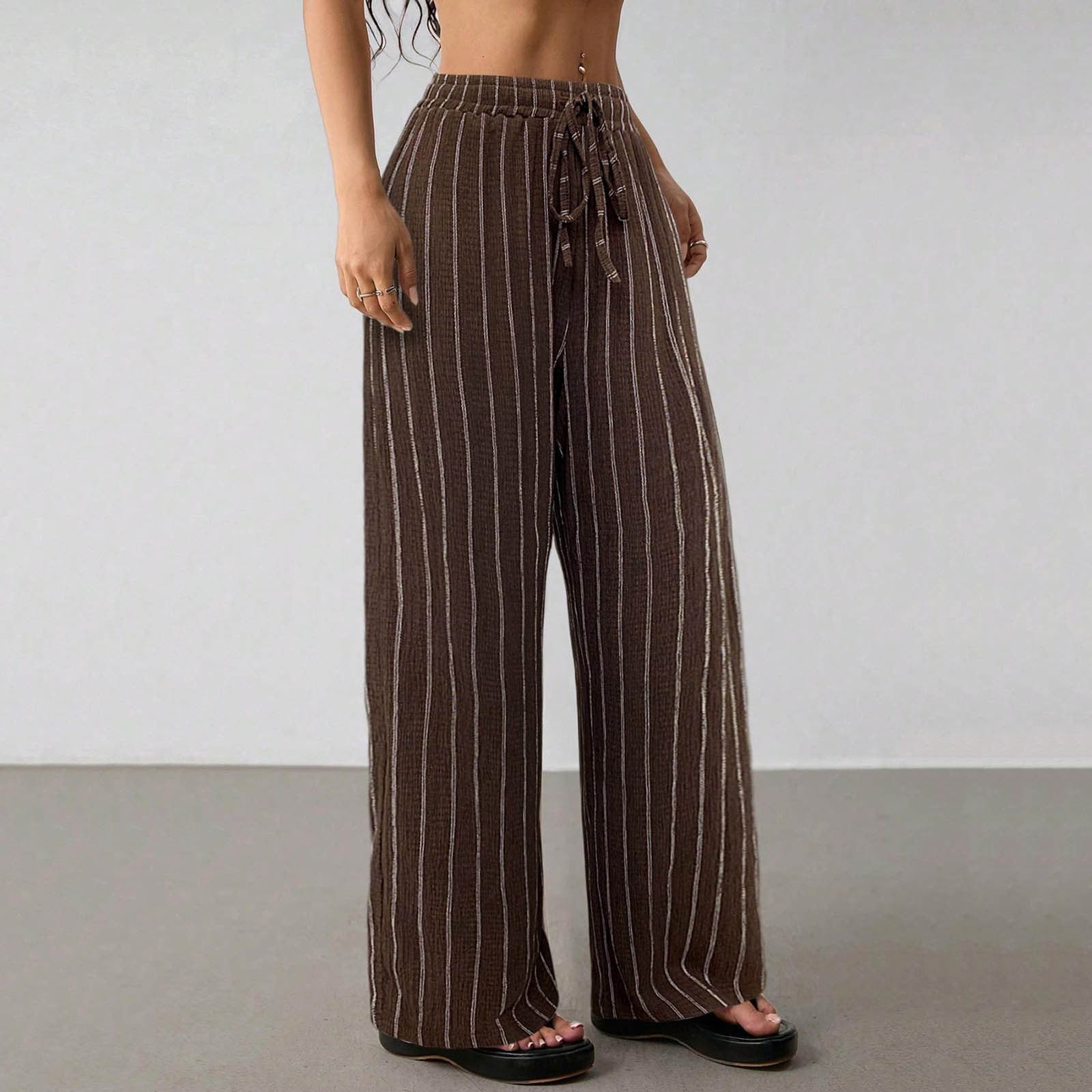 Aimik Women's Casual Loose Wide-leg Trousers Striped Drawstring Elastic ...