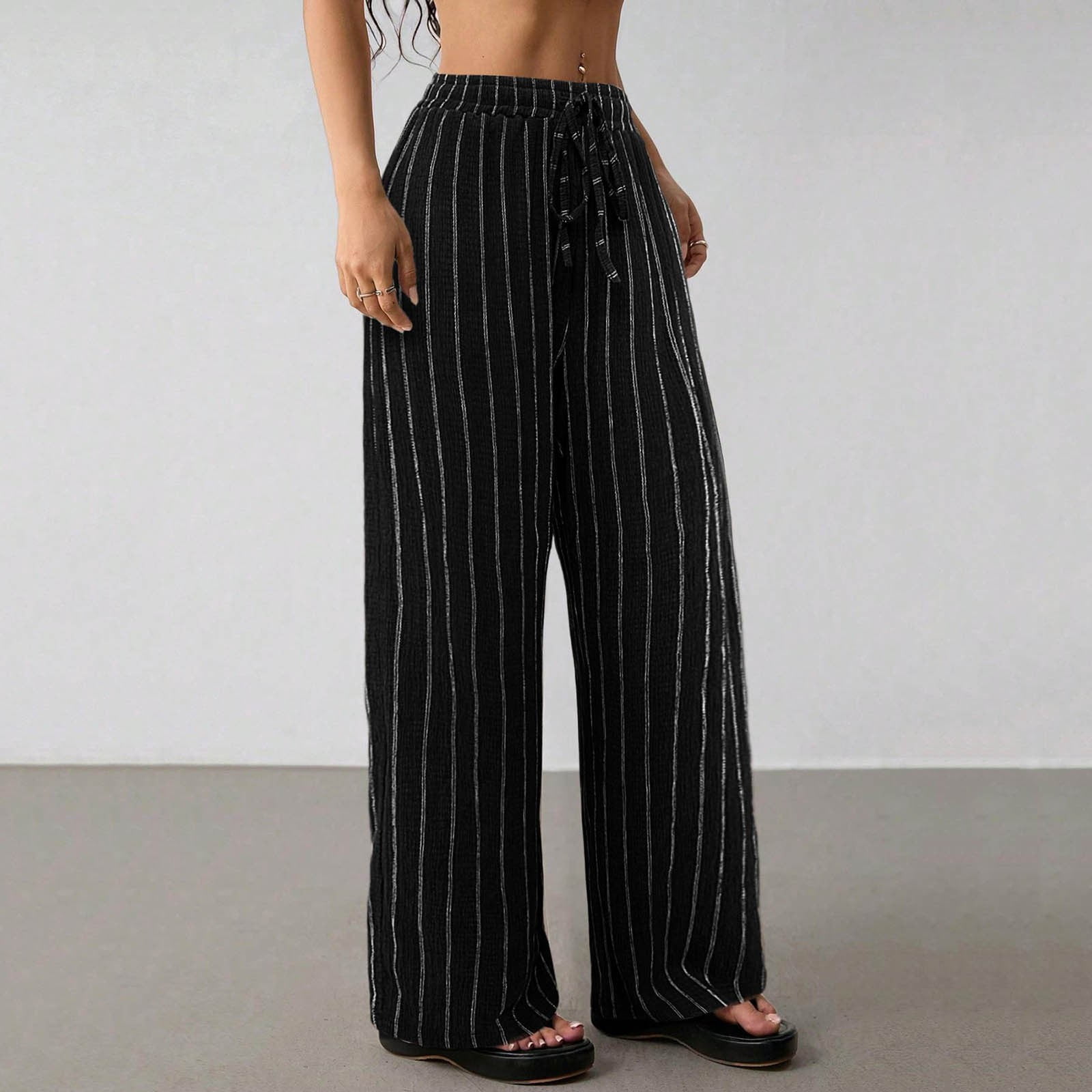 Aimik Women's Casual Loose Wide-leg Trousers Striped Drawstring Elastic ...