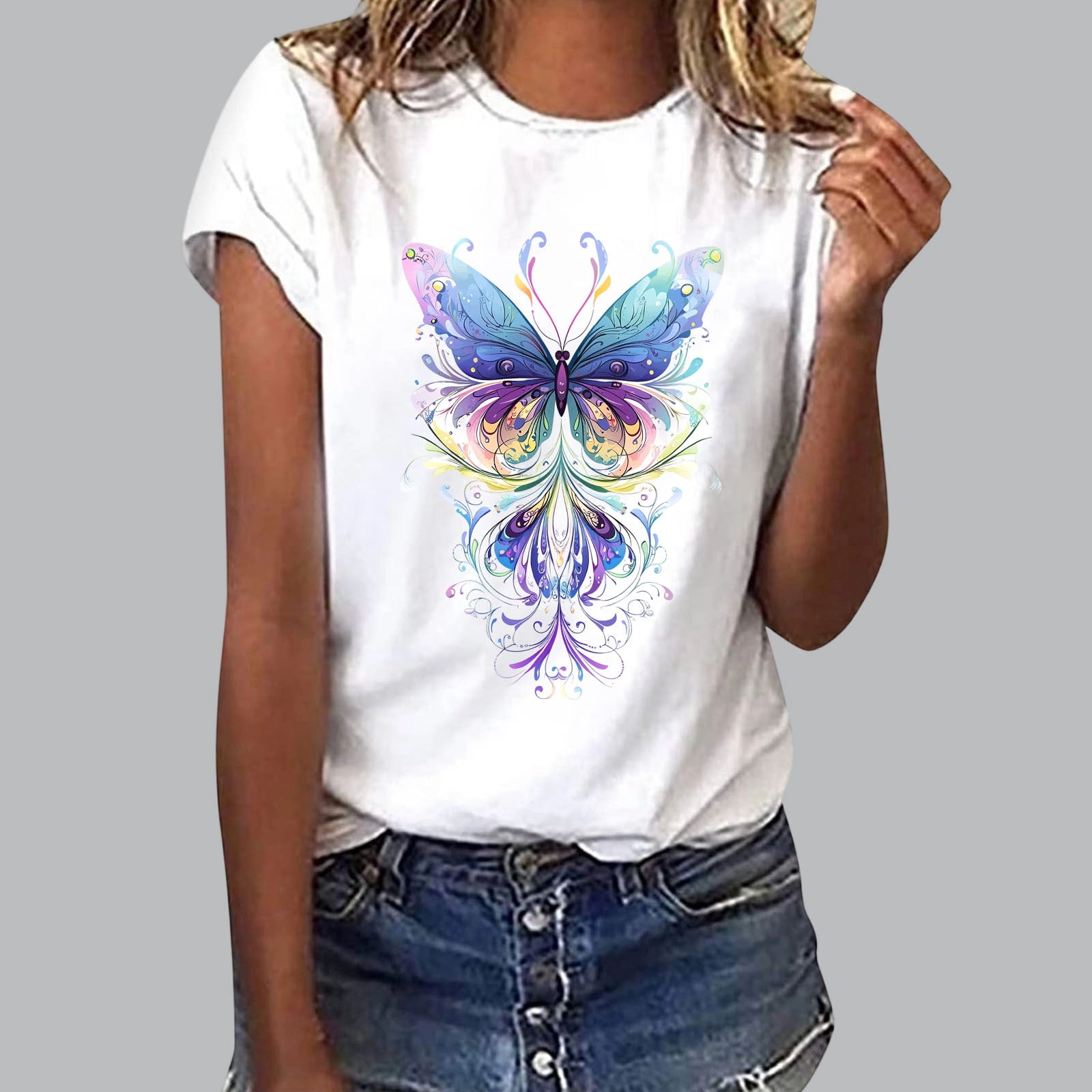 Aimik Women's Casual T Shirt Stylish Butterfly Print Short Sleeve Crew ...