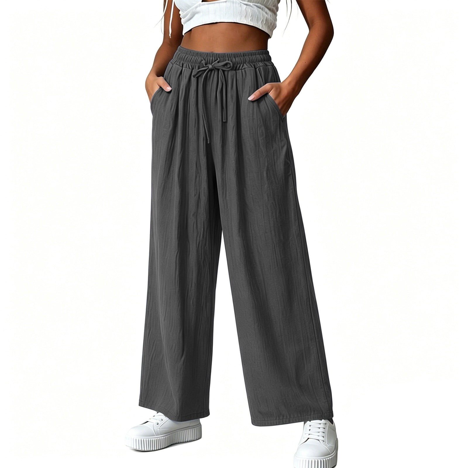Aimik Women's Cotton Blend Fabric Wide Leg Pants Elastic Waist ...