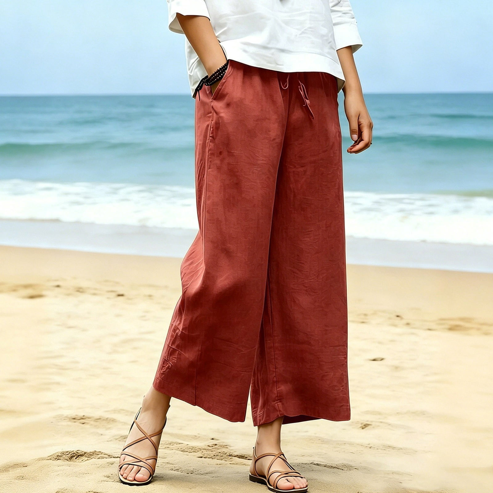 Aimik Women's Cotton Blend Wide Leg Cropped Pants Elastic Waist Casual ...