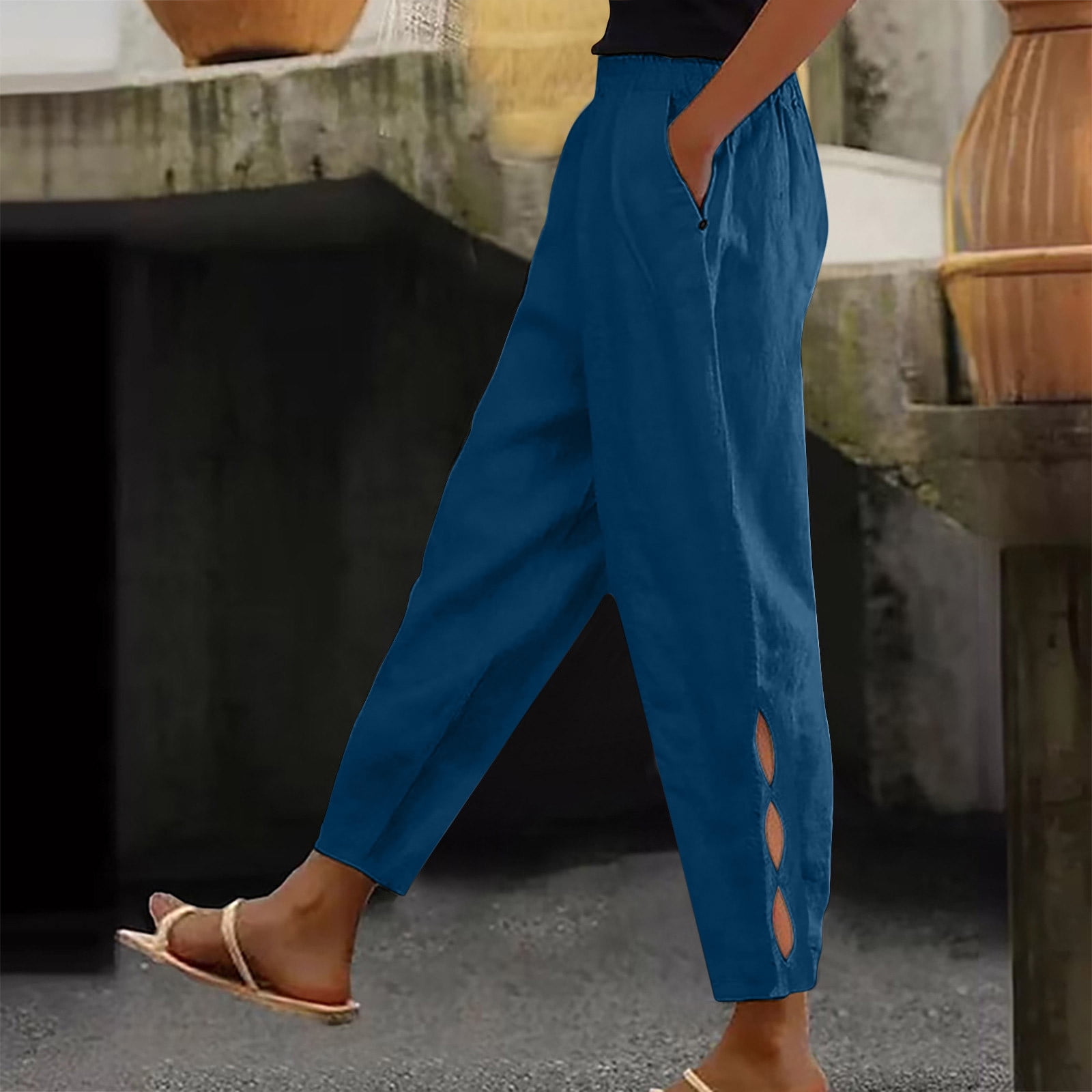 Aimik Women's Drawstring Linen Ankle Pants Summer Solid Color Outdoor ...