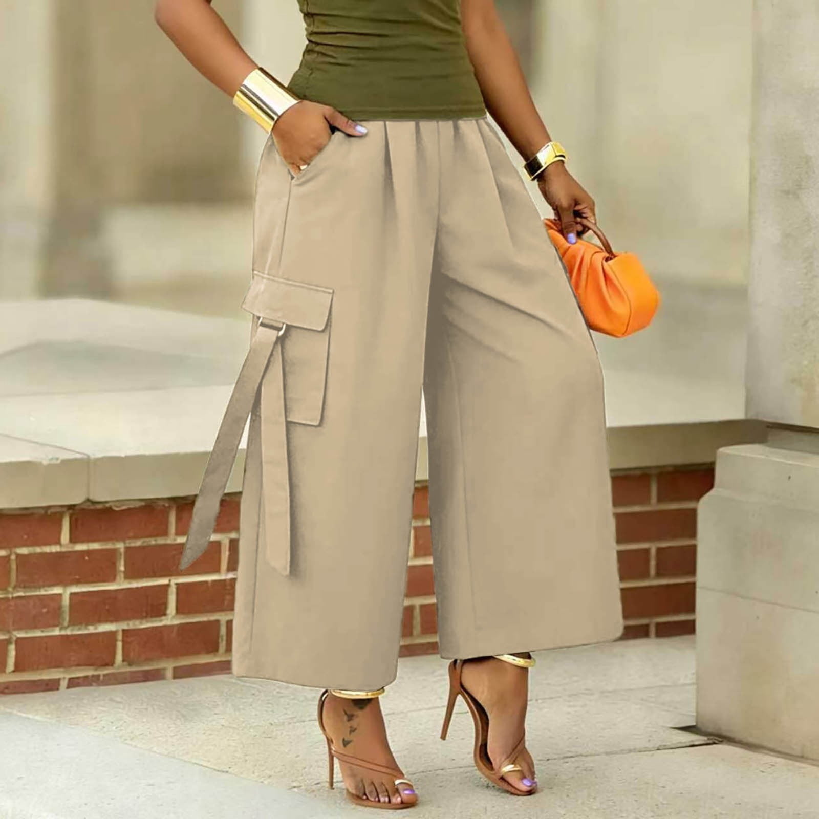 Aimik Women's Elastic Waist Cargo Culottes Wide Leg Cropped Pants with ...