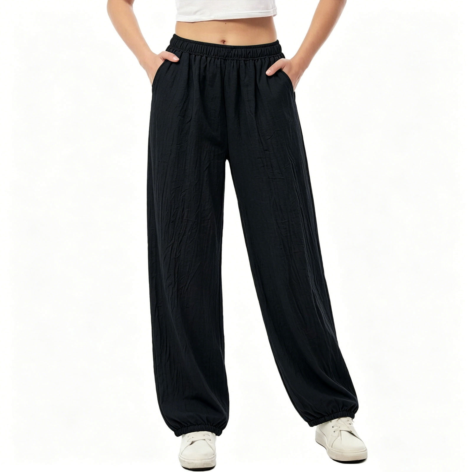 Aimik Women's Elastic Waist Crinkle Casual Pants Loose Jogger Trousers ...