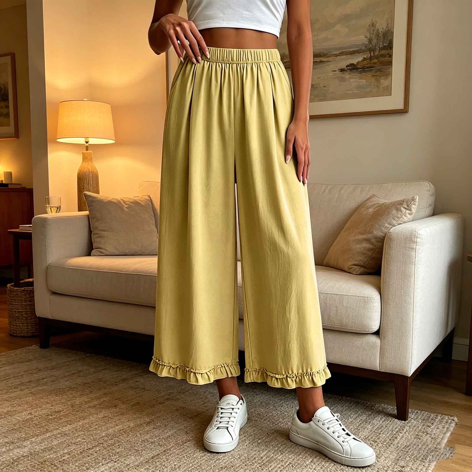 Aimik Women's Elastic Waist Lace Trim Wide Leg Pants Casual Loose ...