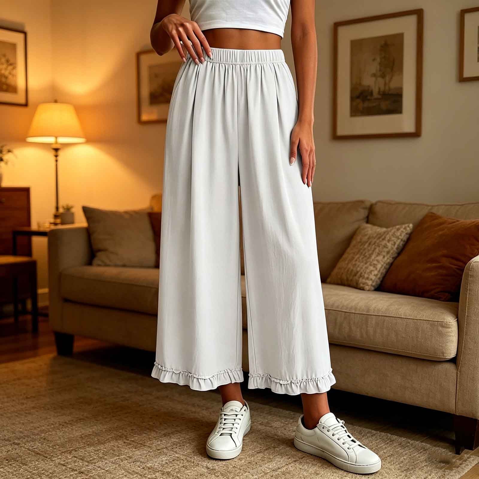 Aimik Women's Elastic Waist Lace Trim Wide Leg Pants Casual Loose ...