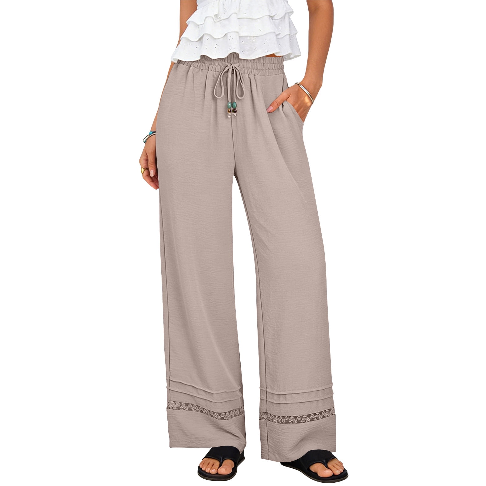 Aimik Women's Elastic Waist Lace Trim Wide Leg Pants Crinkle Fabric ...