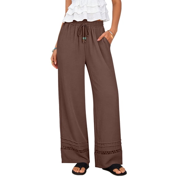 Aimik Women's Elastic Waist Lace Trim Wide Leg Pants Crinkle Fabric ...