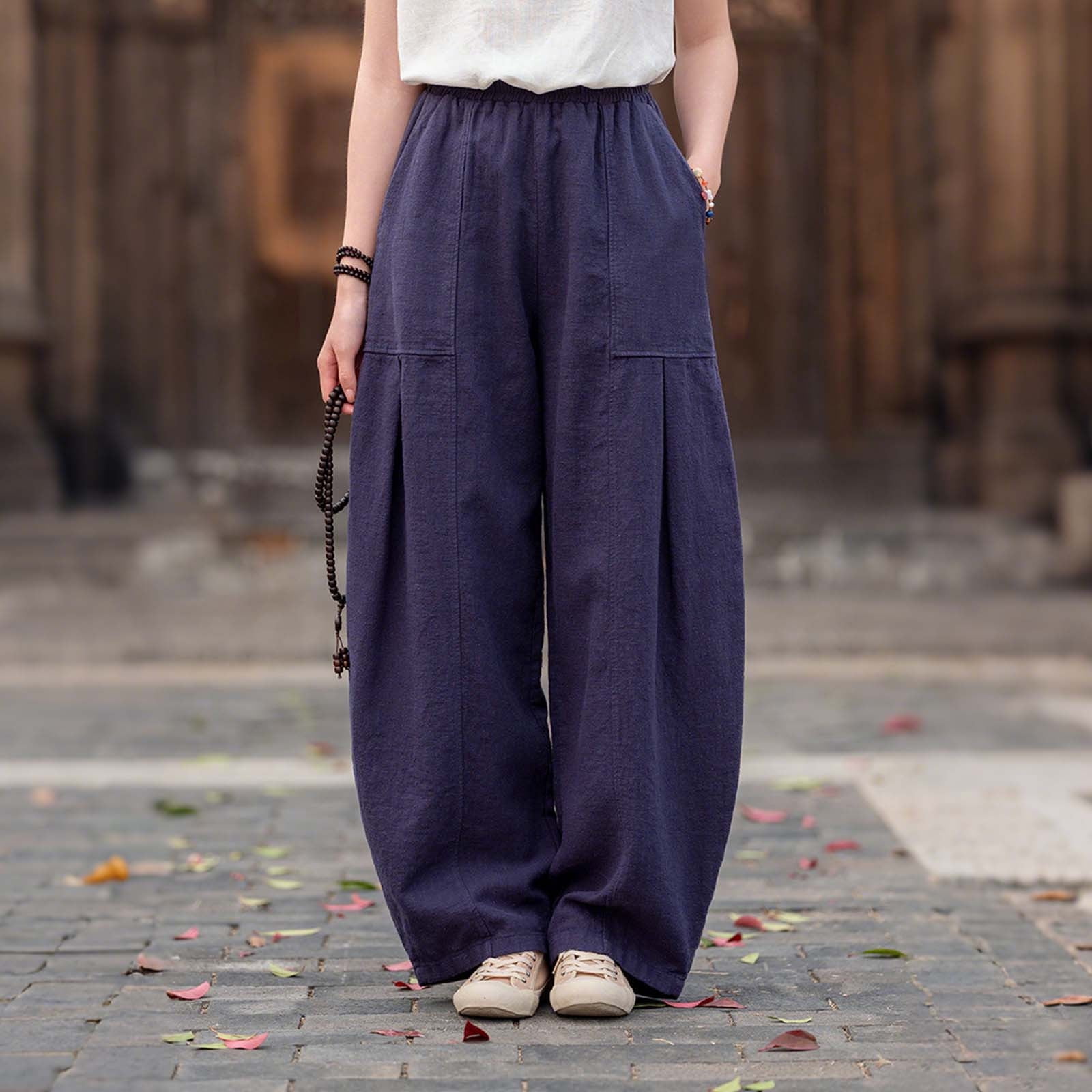 Aimik Women's Elastic Waist Linen Blend Harem Pants Loose Casual ...