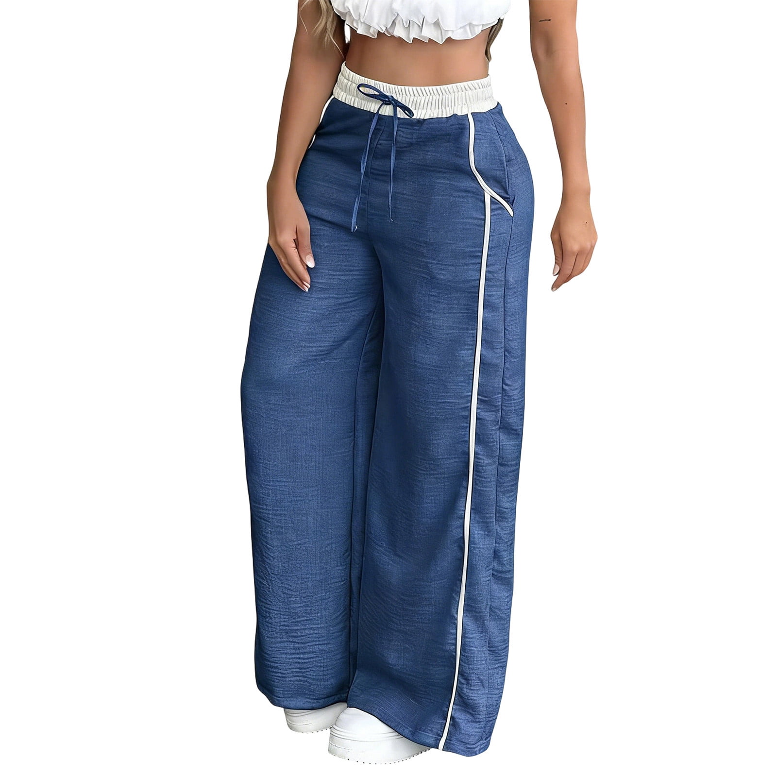 Aimik Women's Elastic Waist Side Stripe Wide Leg Pants Casual High ...