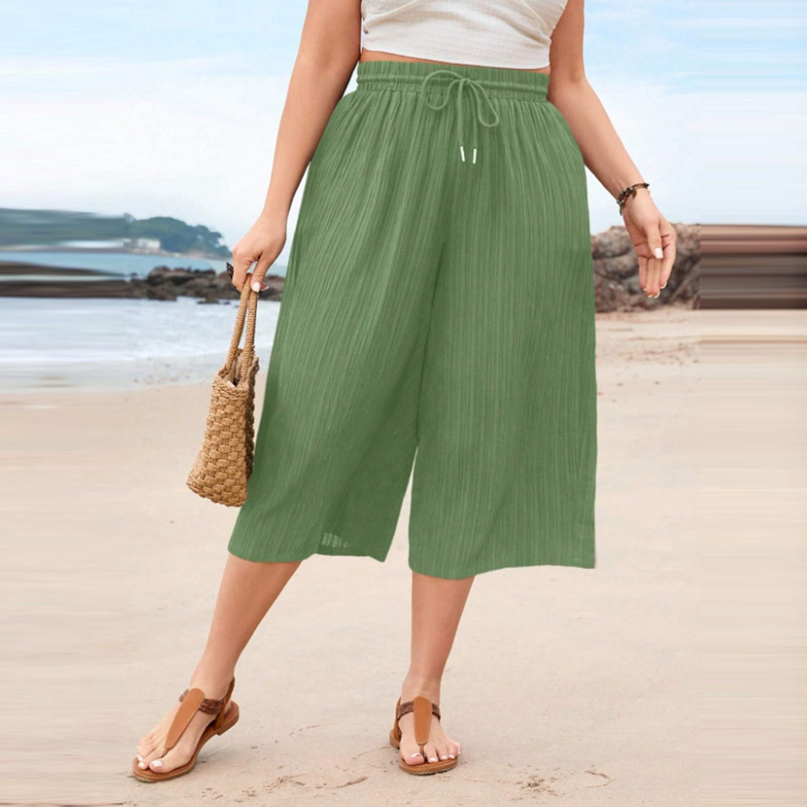 Aimik Women's Elastic Waist Striped Plus Size Culottes Casual Wide Leg ...