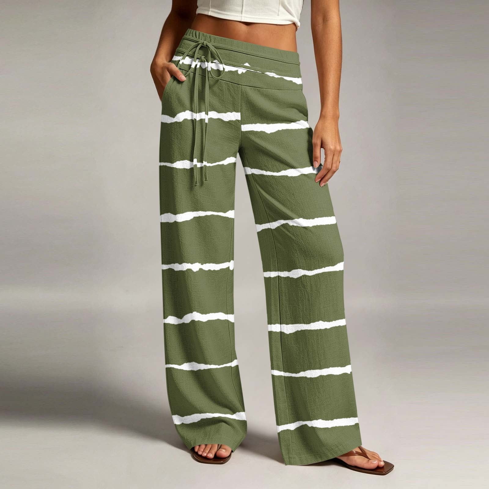 Aimik Women's Elastic Waist Striped Print Wide Leg Pants Drawstring ...