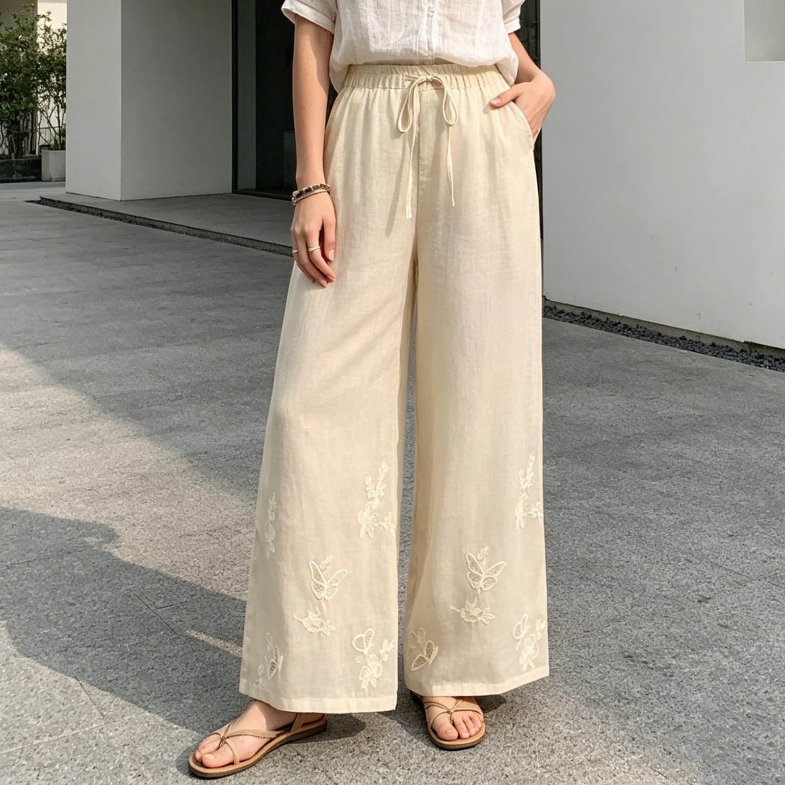 Aimik Women's Elastic Waist Wide Leg Pants Butterfly Embroidered Casual ...