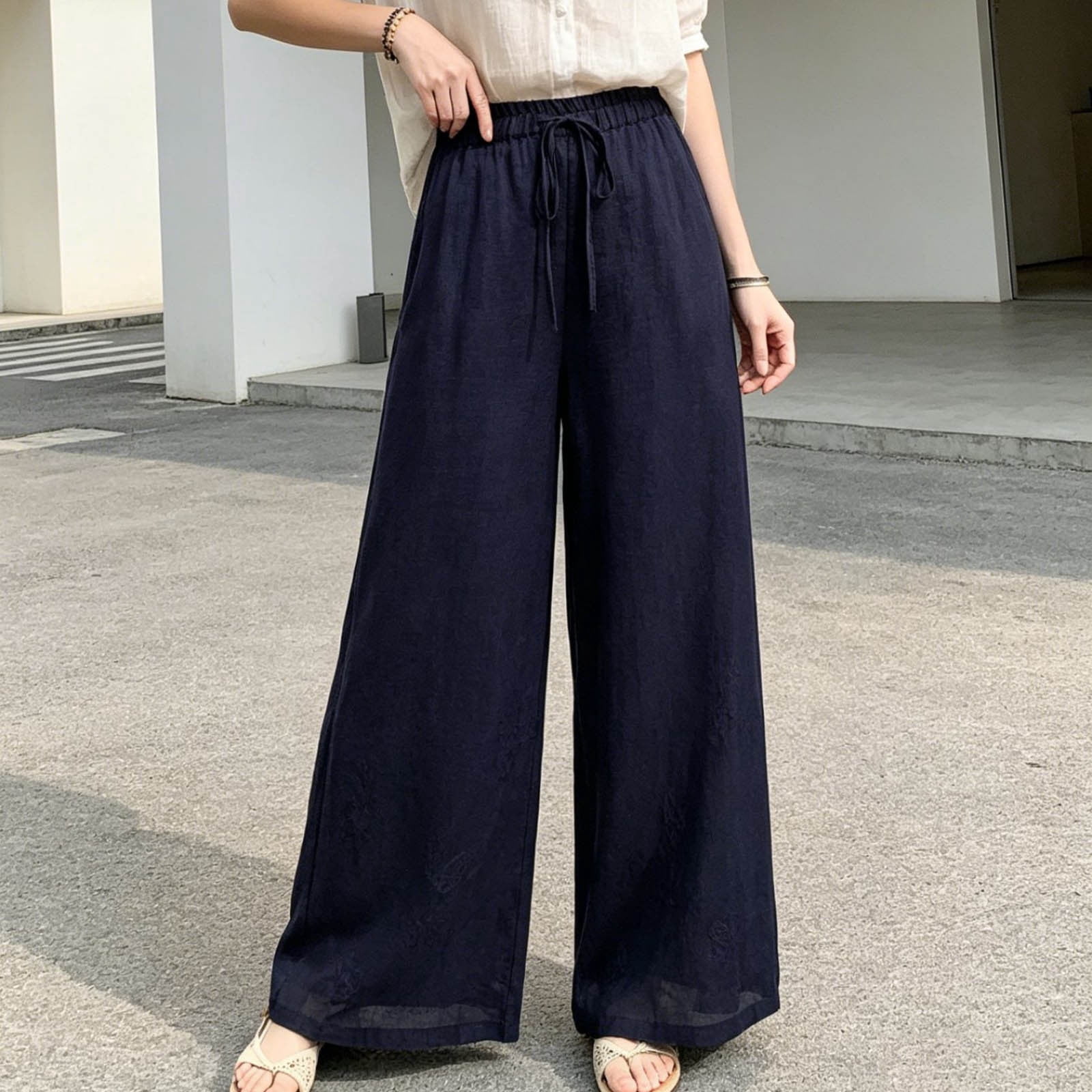 Aimik Women's Elastic Waist Wide Leg Pants Butterfly Embroidered Casual ...