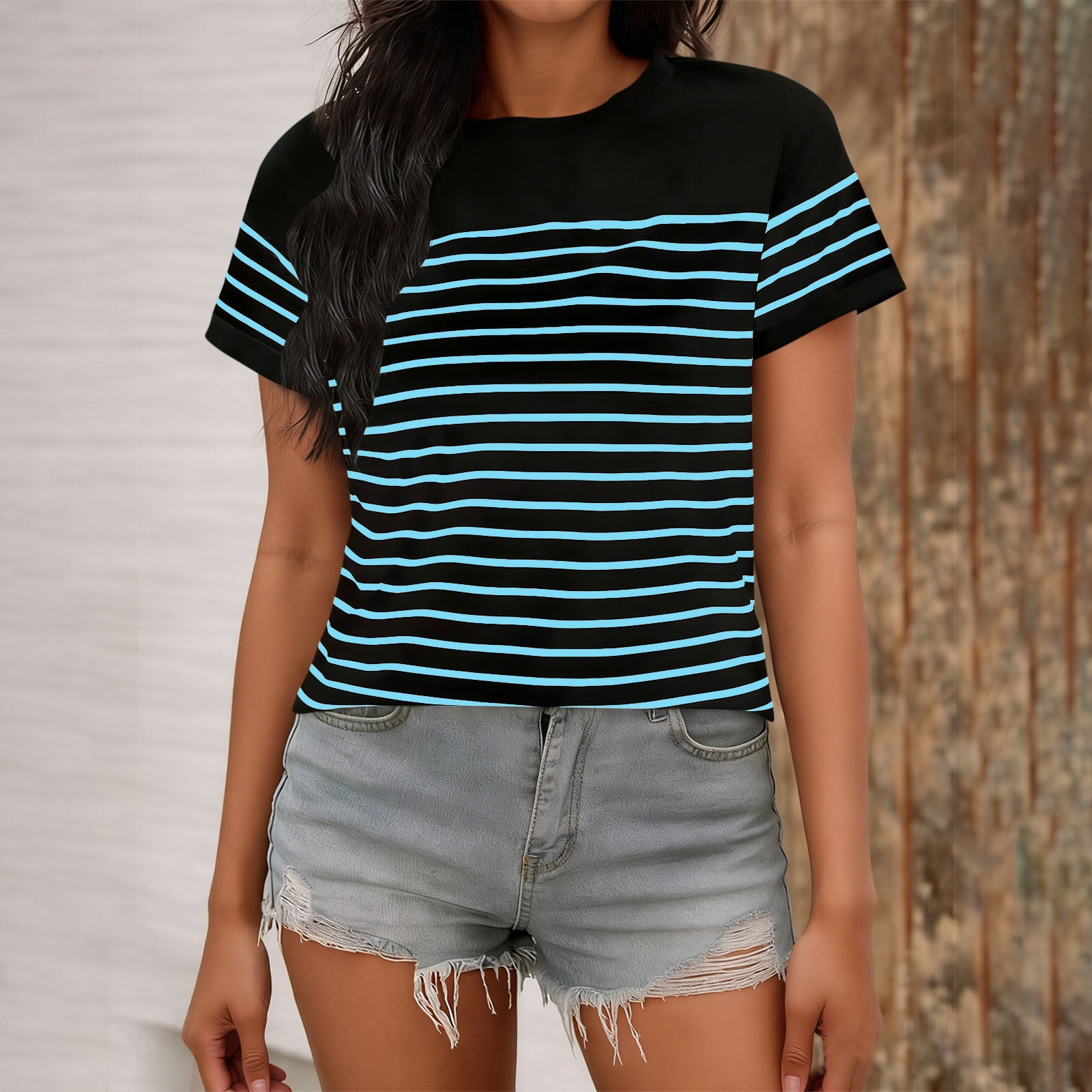 Aimik Women's Fashion Striped print Tops Round Neck Short Sleeve Casual ...