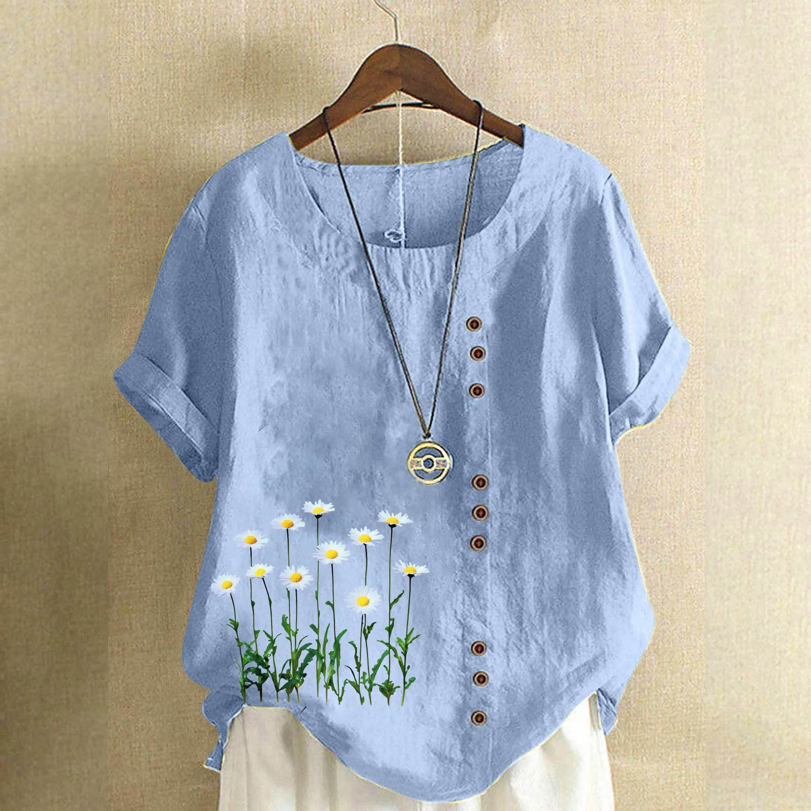 Aimik Women's Floral Print Plus Size Linen Blouse Summer Crew Neck ...